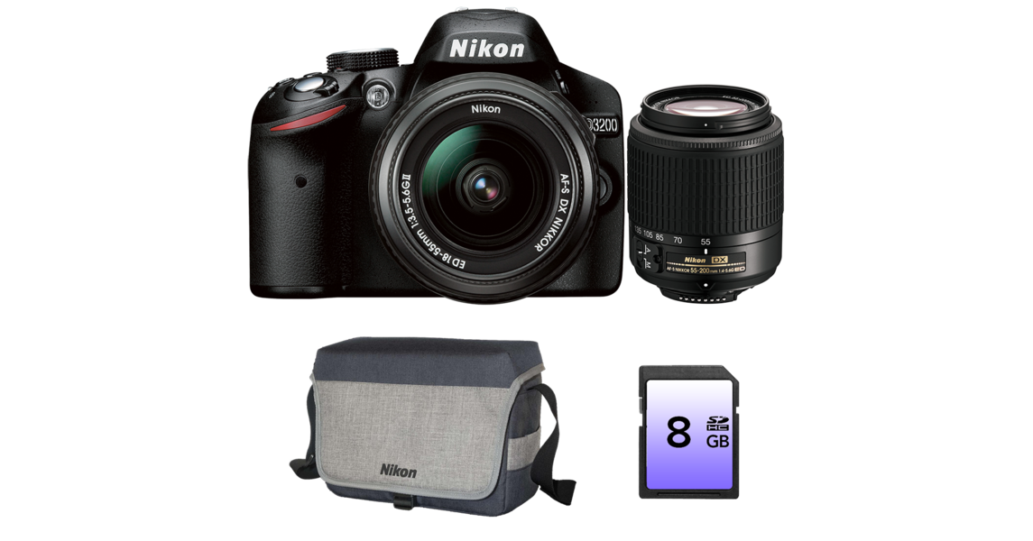 Nikon D3200 Dual Zoom Kit (18-55 EDII+55-200 NON VR)+geanta+card 8GB